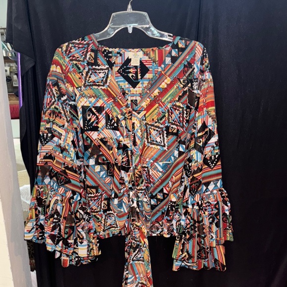 Turquoise Haven | Tops | Orange And Black Graphic Bell Sleeve Blouse ...